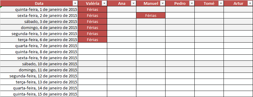 Mapa de férias Excel