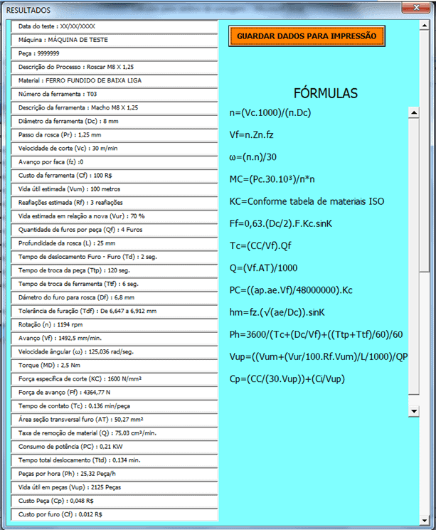 Planilha de cálculo de Custo de Usinagem